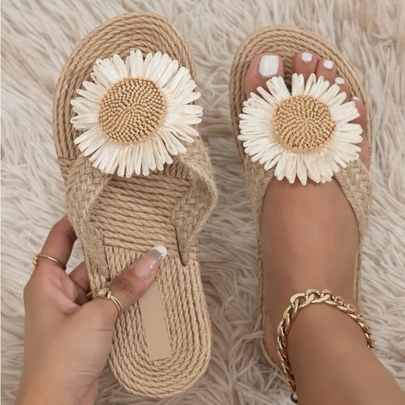 Sencc Shoes | Shoes | Linen Espadrille Rope Flower Accent Flip Flops ...